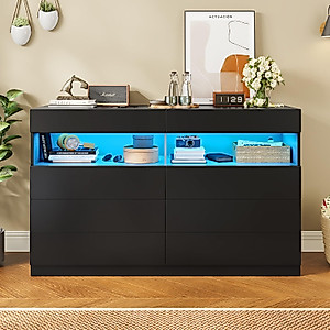 BTHFST 8 Drawer Dresser for Bedroom with RGB Lights & Power Outlet, 47" W Double Dresser with Open Shelves, Modern No Handle Chest of Drawers for Closet, Black