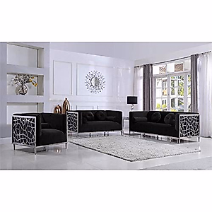 Meridian Furniture Opal Collection Modern | Contemporary Velvet Upholstered Loveseat with Intricate Chrome Stainless Steel Design, Black, 64.5" W x 33.5" D x 30.5" H
