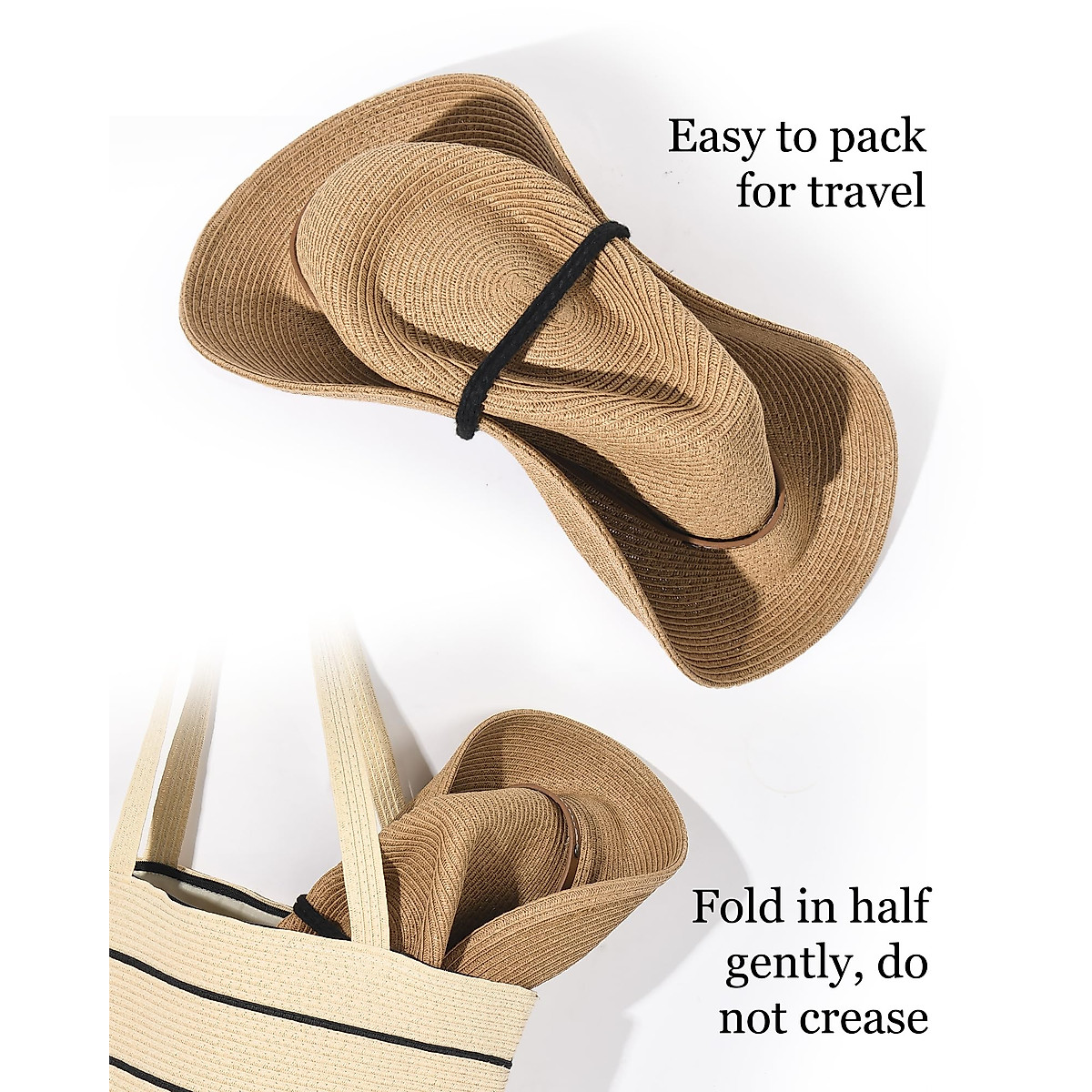 FURTALK Straw Cowboy Sun Hats for Women Men Western Cowgirl Hats with Wind Lanyard UPF 50+ Beach Hat Khaki