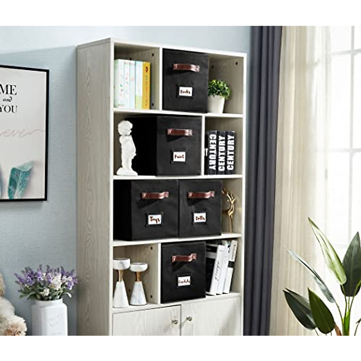 DECOMOMO Storage Cubes with Label Holders Collapsible Storage Bins for Shelves with Faux Leather Handles 11 Inch Cube Storage Bin for Organizers Shelves Closet Toys Clothes (11" / 6pcs, Black)