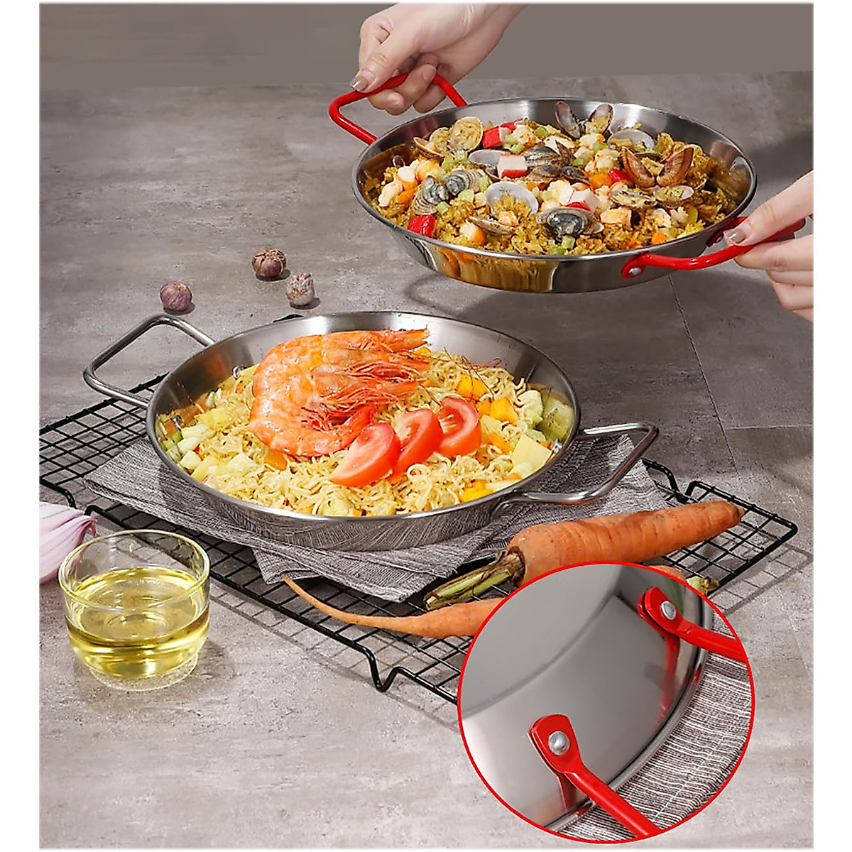 Alunsito Paella Pan, 10 Inch Stainless Steel Skillet Griddle Pan with Red Handle Non-Stick Cooking Pan Suitable for Cooktops Including Induction