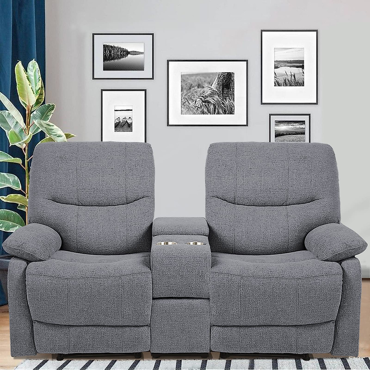 B BAIJIAWEI Double Reclining Loveseat - Fabric Home Theater Seating with Console - 2 Seater Manual Reclining Couch for Living Room, Office (Fabric- Light Grey)