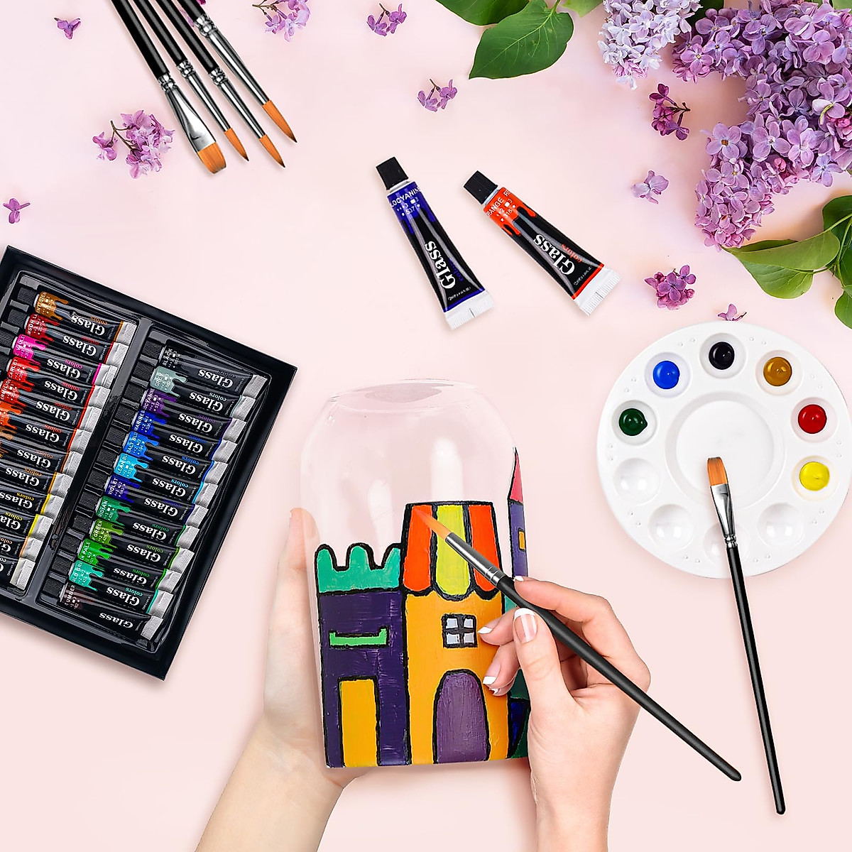 Colorful Stain Glass Paint Set with 6 Brushes, 1 Palette, 24 Color Waterproof Acrylic Enamel Painting Kit for Kids to Arts on Transparent Wine Glasses, Light Bulbs, Porcelain, Windows and Ceramics