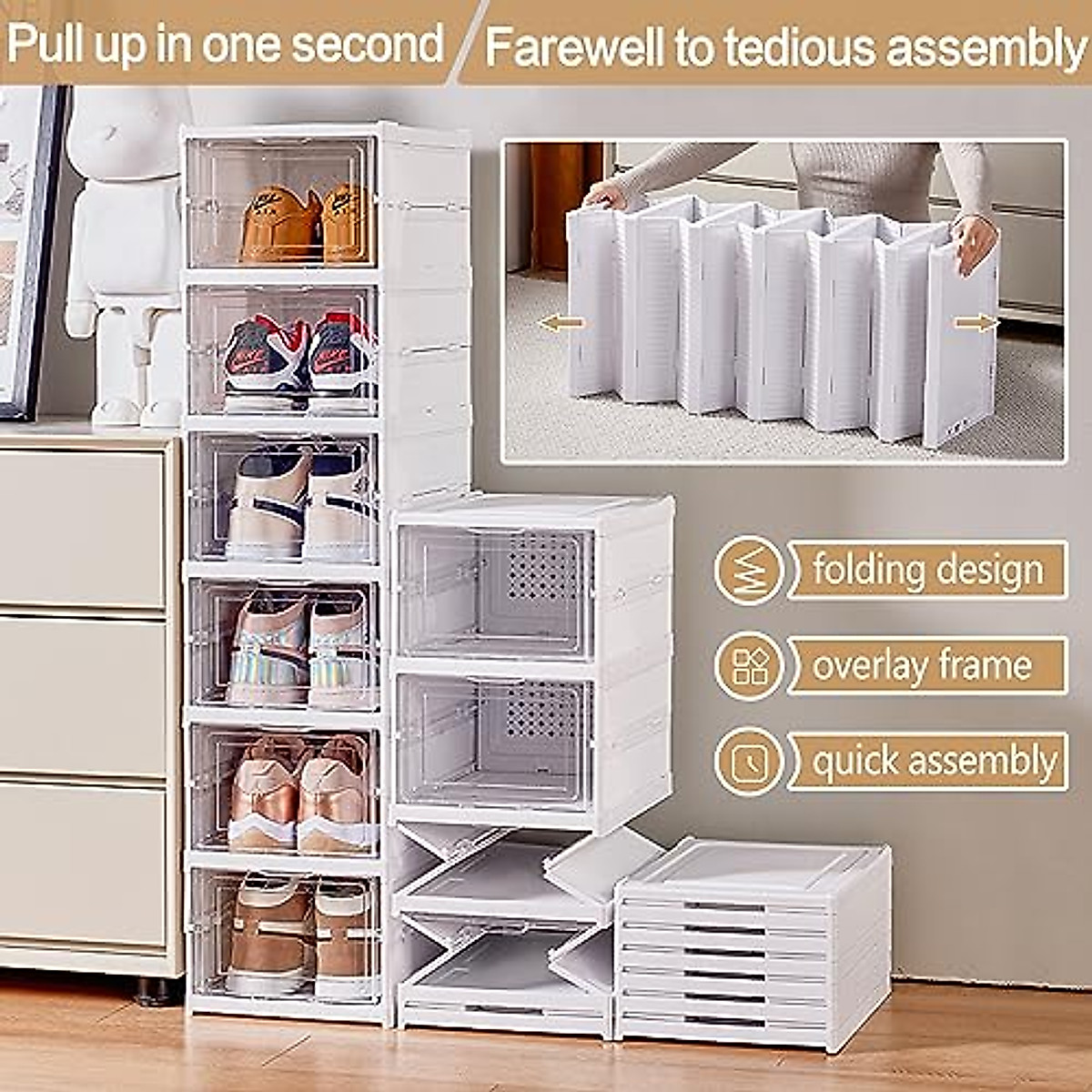 Kewheed Shoe Storage Box 6 PCS, Six-layer Foldable Shoe Boxes Clear Plastic Stackable, Shoe Organizer Containers with Lids, Fit up to US Size 12 for Men/Women, 13.9''x10''x7.7''(White 6PCS)