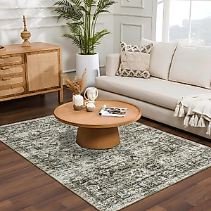 CAREMEE Washable Rug 5x7 Area Rugs for Living Room Bedroom, Vintage Non-Slip Print Distressed Thin Throw Rugs with Rubber Stain Resistant Low Pile Carpet for Kitchen Dining Room Foyer, Gray/Camel