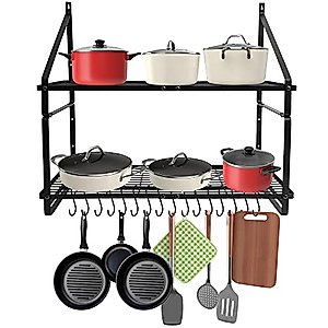 JS HANGER Pot Rack Wall Mounted, 2 Tier Pot and Pan Hanging Rack Organizer Wall Shelves with 16 Hooks for Kitchen Cookware Utensils Organization Black