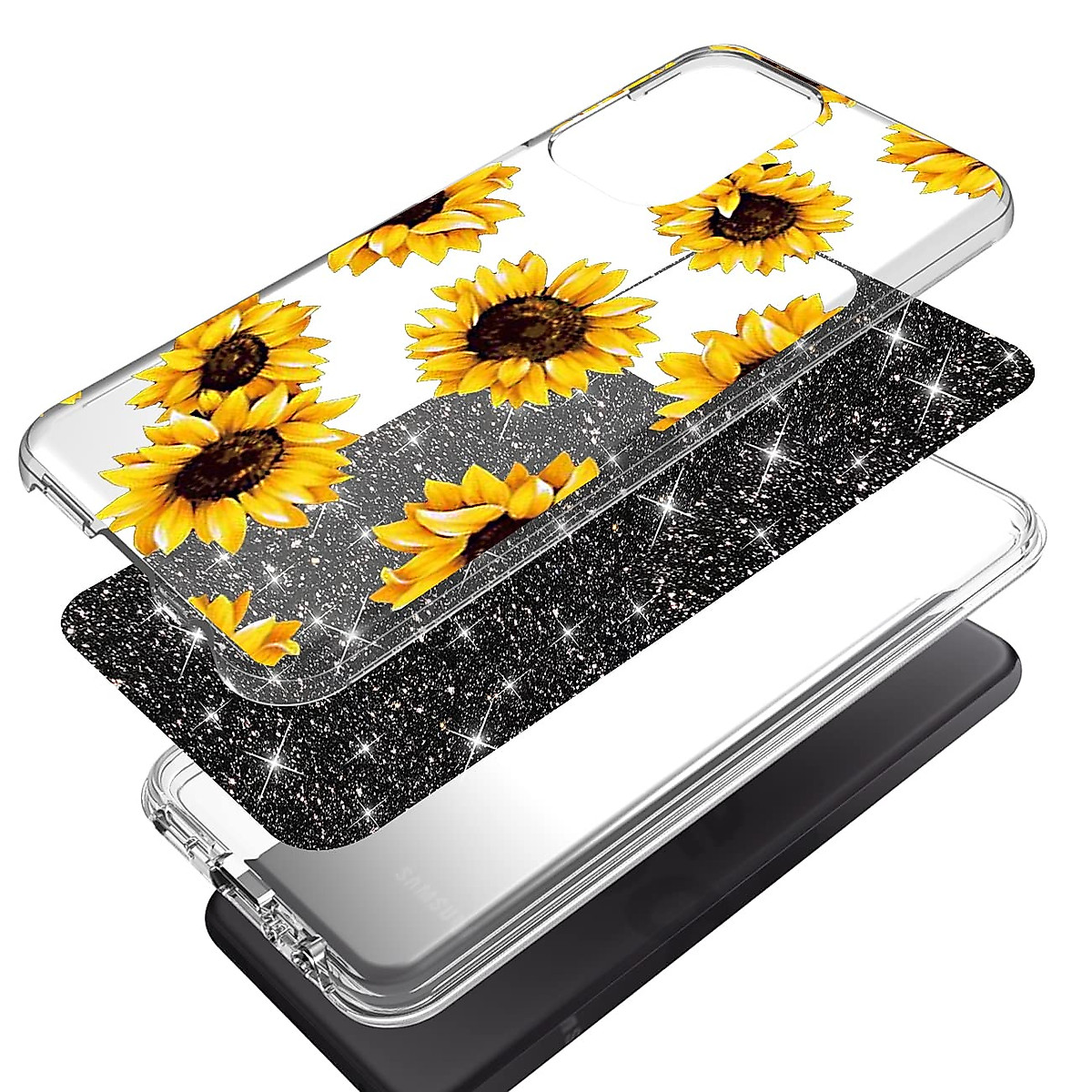 DDTKZC for Samsung Galaxy A23 5G Case，Samsung A23 5G Case Tempered Glass Protector Lustre Pattern-Sparkle 3 in 1 Clear Shockproof Case for Samsung A23 5G (Yellow Sunflower)