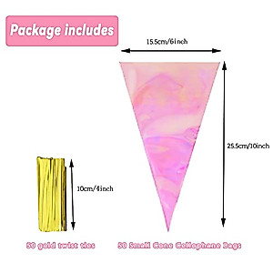 Cellophane Bags,50 Pcs Cellophane Treat Bags, Iridescent Holographic Candy Bags, Clear Goodie Bags with Colorful Twist Ties for Birthday Party Favors, Halloween,Christmas, Weddings, Baby Showers (S, Cone)