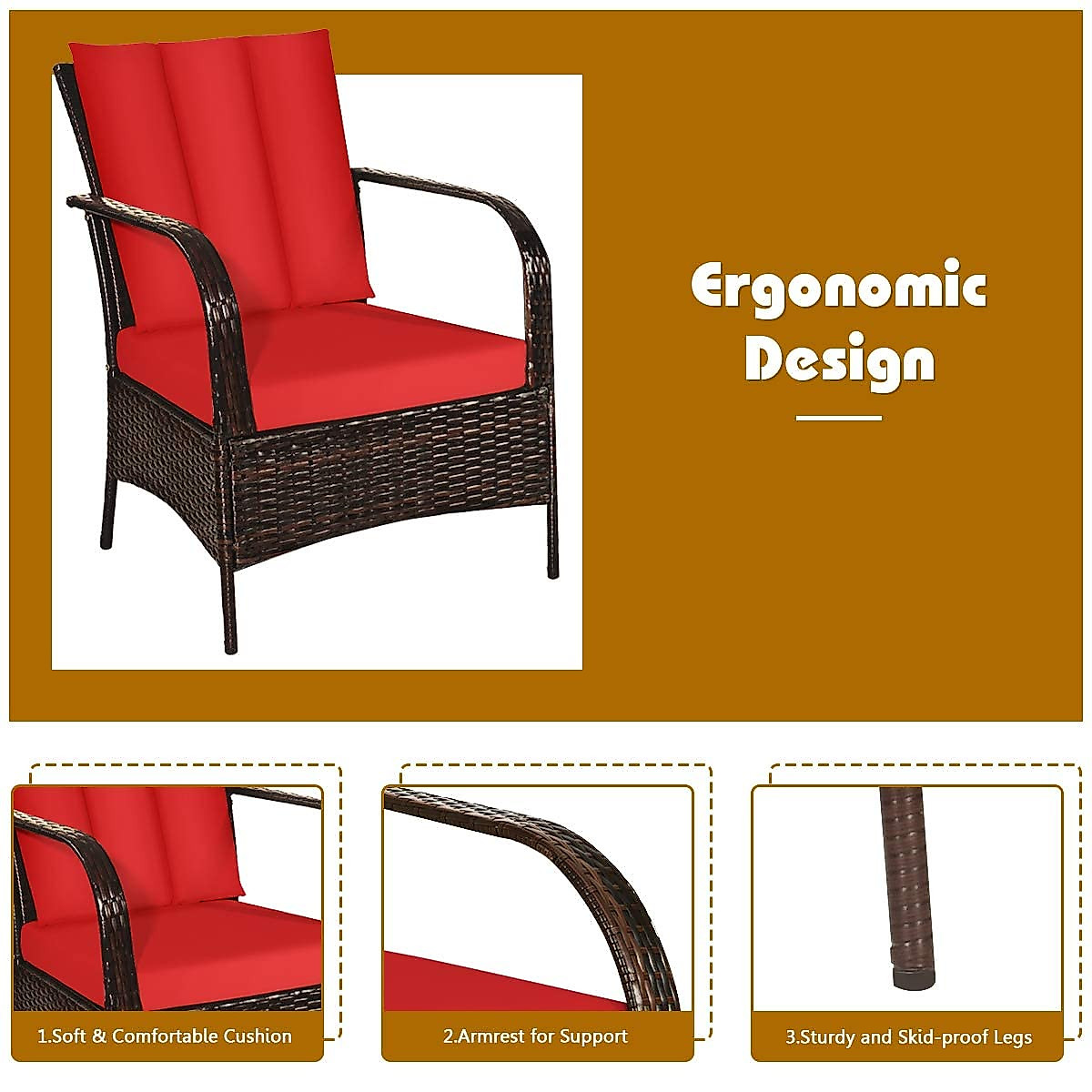 HAPPYGRILL 3-Piece Patio Conversation Set Outdoor Rattan Wicker Furniture Set with Coffee Table, PE Wicker Sofa Set with Soft Cushion & Back Pillow for Patio Garden Poolside