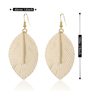 GBAHFY Feather Leather Layered Fringe Earrings for Women Boho Genuine Leather Leaf Tassel Dangle Statement Earrings Bohemian Hypoallergenic Lightweight Drop Earring with Metal Bar Nickel Free (Beige)