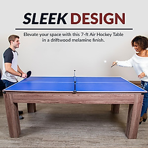 Hathaway Driftwood 7 Ft Air Hockey Table for Home Game Room - with Table Tennis Top, Dining Surface, Electronic Scorer, Two Storage Benches, High-Output Blower, Strikers & Pucks - Driftwood Finish