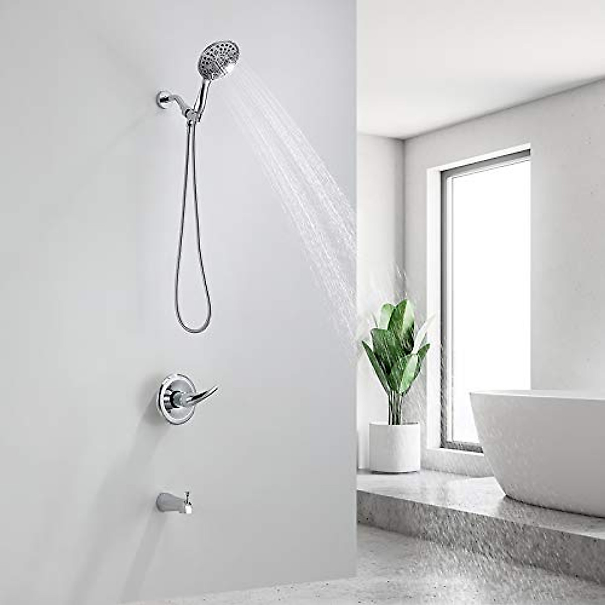 AIHOM Shower Faucet Set With Tub Spout,Shower Trim Kit With Pressure Balanced Valve, Dual-Function 5-Spray Touch-Clean Handheld Shower Head Combo, Chrome