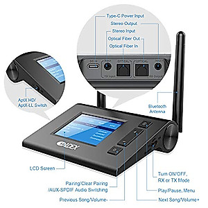 Bluetooth Transmitter Receiver, Wireless Bluetooth Adapter with Unique LCD Display, Low Latency Bluetooth 5.0 Audio Adapter, Dual Link Optical RCA AUX for Headphones, TV, PC, Laptop and Speaker（black）