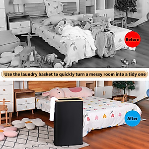 iEGrow 60L Slim Laundry Hamper with Lid,Black Hampers for Laundry,Narrow Laundry Basket with Removable Inner Bag & Bamboo Handles,Tall Thin Clothes Hamper for Clothes Toys Towels Organization