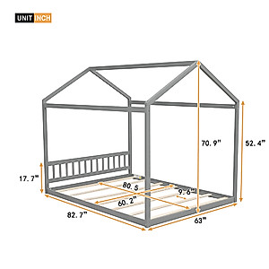 MERITLINE Queen Size House Bed for Kids, Wood Montessori Floor Bed with Headboard, Roof and Support Slats, Queen Floor Bed Frame for Toddler,Kids,Boys Girls, No Box Spring Needed (Gray)