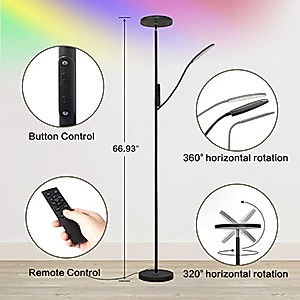 RGB Floor Lamp,Modern LED light Rotatable with Standing Lamp 24W/2000LM Main Light and 10W/350LM Side Reading Lamp, Adjustable Tall Lamps with Remote & Touch &APP Control for Living Room,Bedroom
