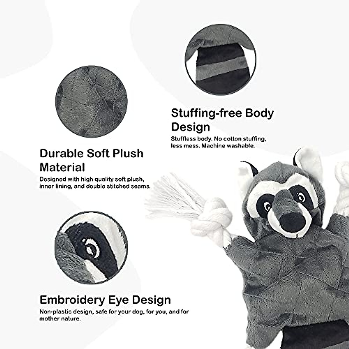 Maestro Pets No Stuffing Dog Toys, Crinkle Dog Toys, 3 in 1 Plush Dog Toys with Rope Legs, Squeakers and Crinkle Paper, Dog Rope Squeaky Toys for Puppies, Small, and Medium Dogs (Raccoon)