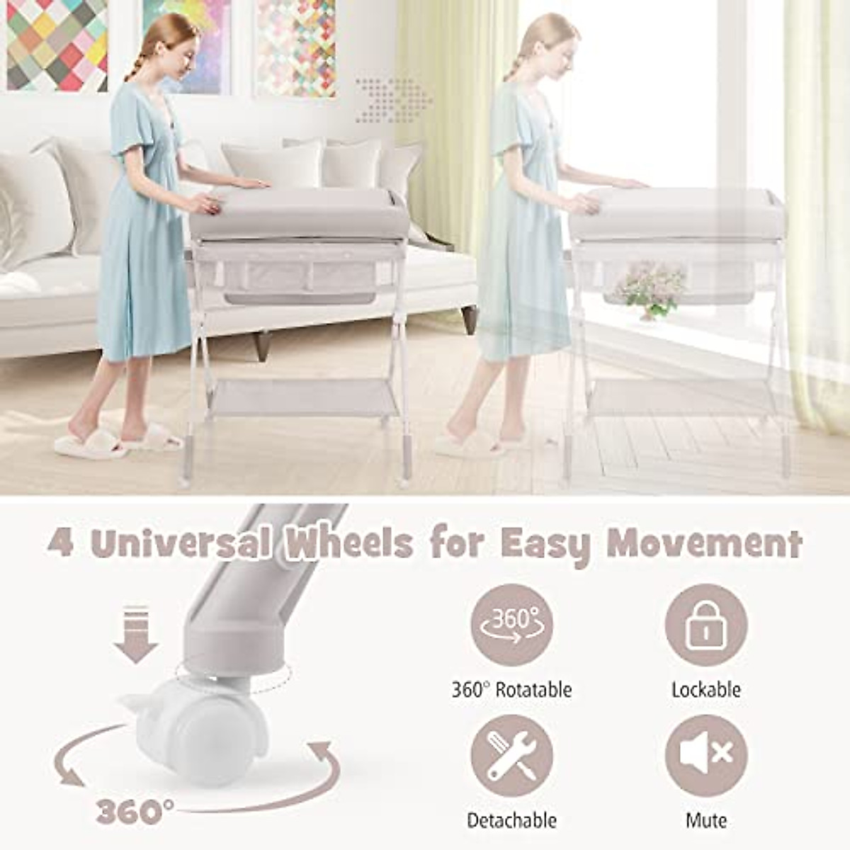 BABY JOY Baby Changing Table, Portable Folding Diaper Changing Station with Wheels, Adjustable Height, Large Storage Rack, Water Basin, Safety Belt, Mobile Nursery Organizer for Newborn Infant, Beige