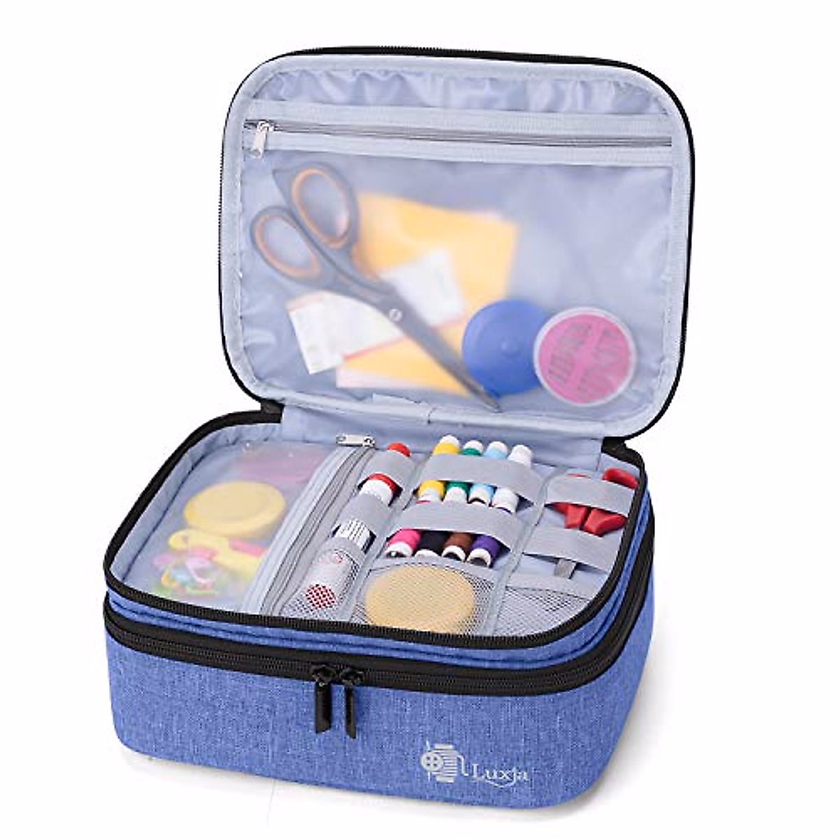 Luxja Double-Layer Sewing Supplies Organizer, Sewing Accessories Organizer for Needles, Thread, Scissors, Measuring Tape and Other Sewing Tools (Bag Only), Medium/Dark Blue