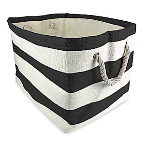 DII Durable Woven Striped Storage Bin Collapsible with Soft Rope Handles Reinforced with Metal Grommets, Medium, 15x10x12, Black
