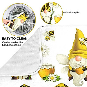 Yellow Gnomes Bee Absorbent Dish Drying Mat Reversible 16"x18",Summer Honey Sweet Drying Pad Protector for Kitchen Counter Sinks Dining Table