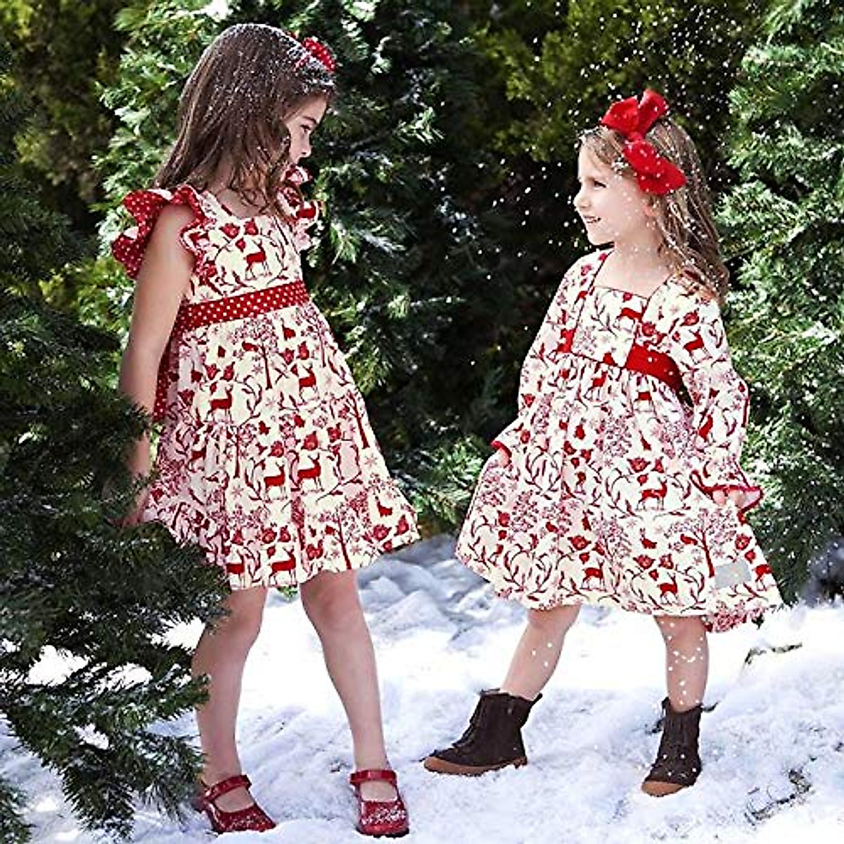 Toddler Baby Girls Christmas Dress Kid Ruffle Sleeveless Animal Cartoon Pattern Baby Girl Skirt Xmas Outfit Set (Red Ruffle Christmas Dress, 6-9 Months)