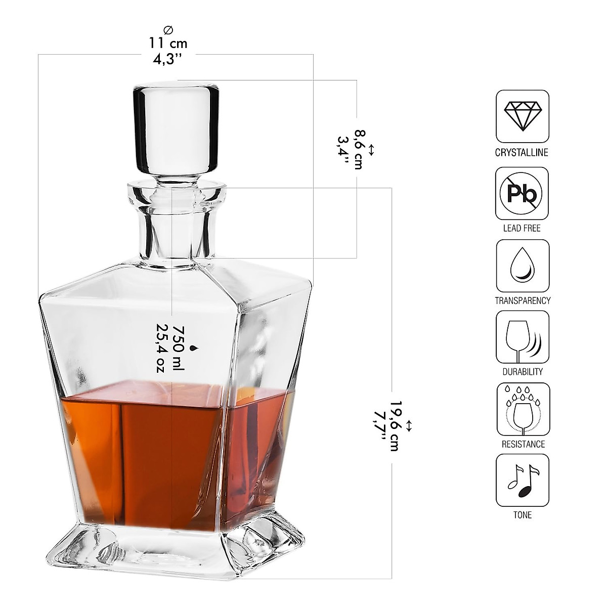 Krosno Whiskey Decanter Carafe with Stopper | 25.4 oz | Caro Collection | Home Restaurants Parties | Gift Idea Wedding Bar Mitzvah | Made in Europe