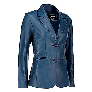 Jild Classic 2-Button Lambskin Leather Blazer Women - Casual Coat Long Sleeves Suit Style Leather Jacket Women (LC-Blue-XL)
