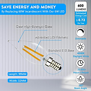 LONIUTO LED Light Bulbs 60 Watt Equivalent, 12 Pack Vintage LED Flame Tip Candelabra Bulb, E12 LED Bulb Dimmable 4000K Daylight, E12 LED Bulb Clear Glass, for Chandeliers, Ceiling Fan, Pendant