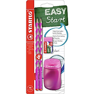 STABILO Handwriting Pencil EASYgraph S School Set - Right-Handed - Pencil x 2 + EASYsharpener + EASYeraser - pink