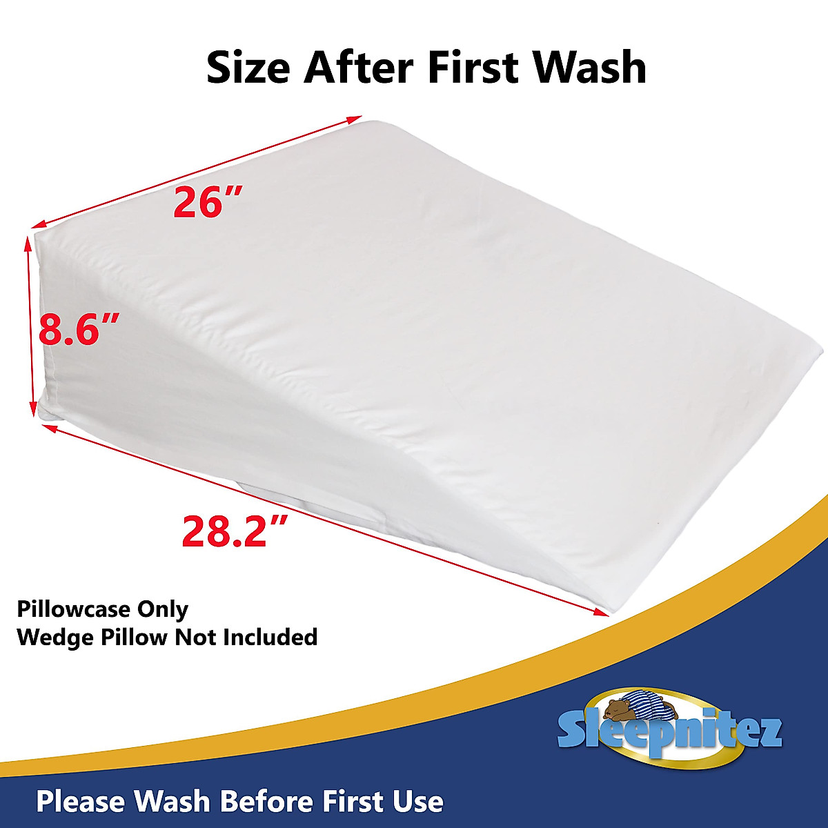 Sleepnitez Bed Wedge Pillow Case Cover, White Loose Fitting 100% Egyptian Cotton Wedge Pillowcase for Our 8" Wedge Pillow. Zip Closure for Easy Removal.