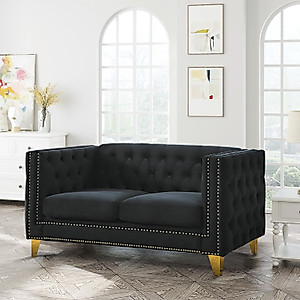 58-Inch Velvet Loveseat Sofa, Comfy Couch for Living Room, Modern Sofa with Tufted Back and Rivet Decoration, Upholstered Small Love Seat with Solid Golden Metal Tapered Legs, Black
