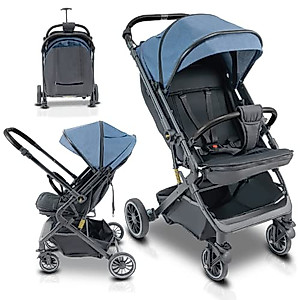 Baby K Lightweight Reversible Baby Stroller (Dark Blue- with Mesh Cover & Adjustable Canopy) - Easy Front/Rear Facing Reversible Stroller Handle - Compact Travel Stroller with Fold Up & Recline Mode