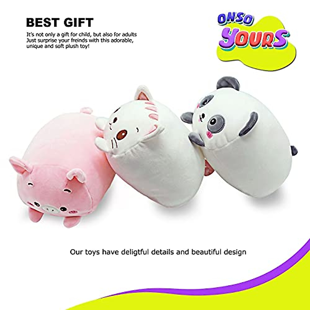 Onsoyours Plush Toys Set, 3Pcs Stuffed Animals with Panda, Pig and Cat, Creative Decoration Cuddly Plush Pillows 9" for Kids Girls Boys (Panda/Pig/Cat)