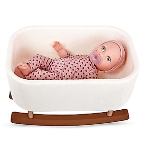Battat Babi 14-inch Baby Girl Doll & Bassinet – Medium-Light Skin Tone & Gray Eyes – Removable Heart Polka Dot Pajama with Pacifier – Rocking Cradle Pretend-Play–Toys for Kids Ages 3 and Up