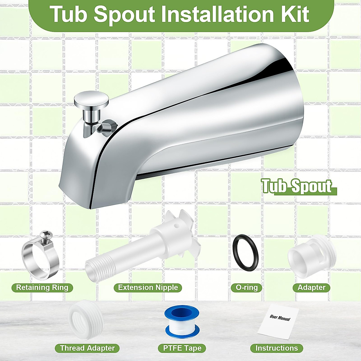 Enhon Tub Spout with Diverter, Universal Fits 1/2'' Copper Pipe, 1/2'' IPS and 3/4'' IPS, Bathroom Bathtub Tub Faucet Replacement with Adapters (Chrome)