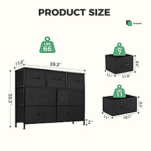 DUMOS Dresser for Bedroom with 7 Drawers, Storage Organizer Units Furniture, Chest Tower TV Stand with Fabric Bins, Metal Frame, Wooden Top for Nursery, Living Room, Kidsroom, Closet, Black