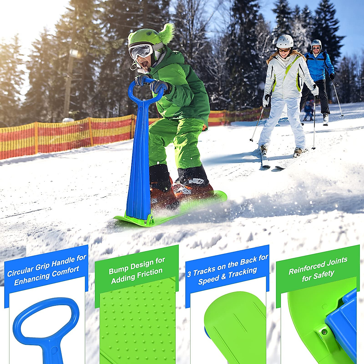 GYMAX Snow Scooter, Fold-Up Snowboard Kick Scooter W/Grip Handle, Cold Resistance Anti-Slip Winter Toy for Use on Snow, Grass, Sand for Age 5+ (Green)