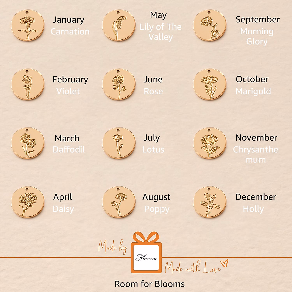 MEVECCO Gold Birth Flower Coin Necklace for Women 12 Month April Daisy Disc Pendent 18K Gold Plated Personalized Flora Necklace Birthday Jewelry for Her