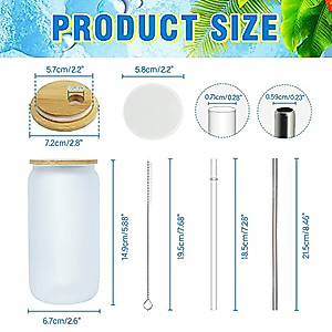 Realkant Sublimation Glass Blanks, 16 OZ Sublimation Glass Mason Jar with Bamboo Lids and Straws for Tumbler Press, Glass Cups Mugs Tumblers Beer Can for Iced Coffee Juice Soda Drinks (6 Set/Frosted)