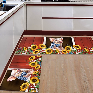 BestLives Kitchen Rug Sets Farmhouse Sunflower Pig 2 Piece Non-Slip Kitchen Mat Rustic Farm Barn Doormat Area Runner Carpet Set Absorbent Bath Floor Mat 15.7x23.6in+15.7x47.2in