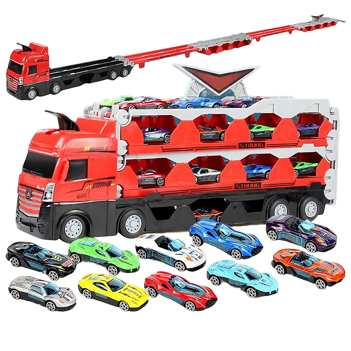 Mega Hauler Truck with Ejection Race Track, Kids Deform Catapulting and Shooting Big Truck Folding Storage Transporter Toy, Toy Truck Transporter Car Carrier for Kids 3+ Years Old (24 Car)