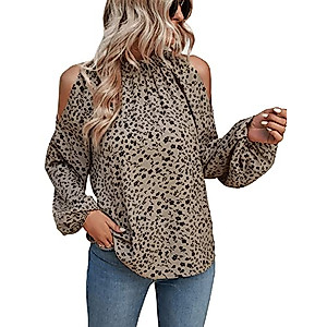 Verdusa Women's Cold Shoulder Bishop Sleeve Floral Print Blouse Shirt Top Khaki L