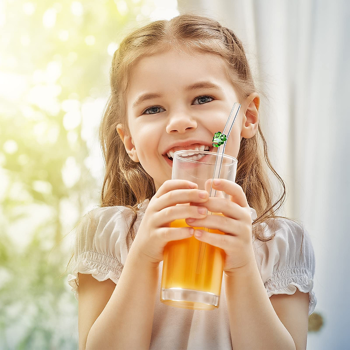 Kleeblatt Reusable Glass Straws Shatter Resistant, 10 Pcs Cute Clear Smoothie Glass Straws with Design, 8mm * 7.9inch Glass Straws Drinking for Smoothies Cocktail Juice Shakes Beverages