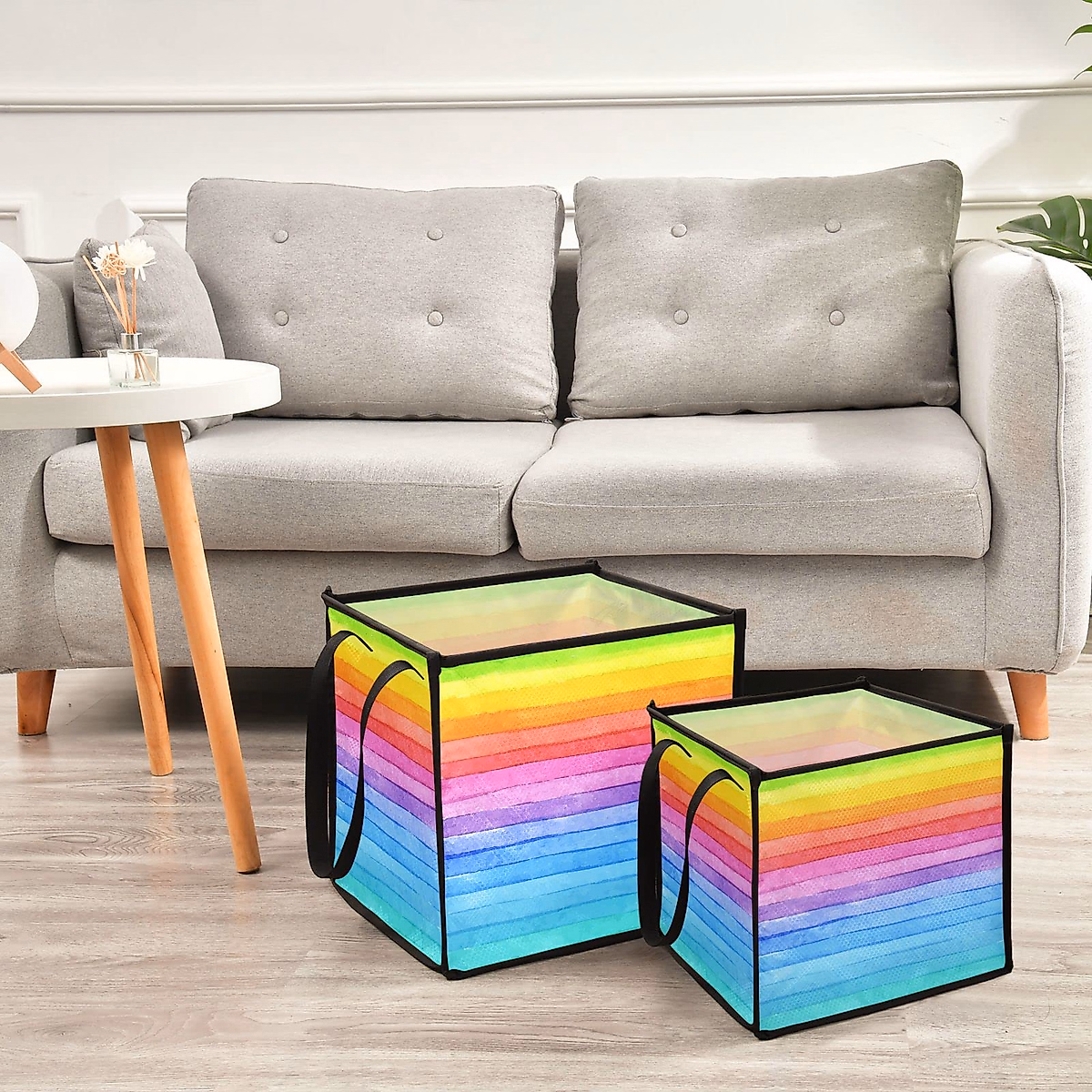Blueangle Rainbow Striped Cube Storage Bin with Handles, 13 x 13 x 13 in, Large Collapsible Organizer Storage Basket for Home Décor（84）