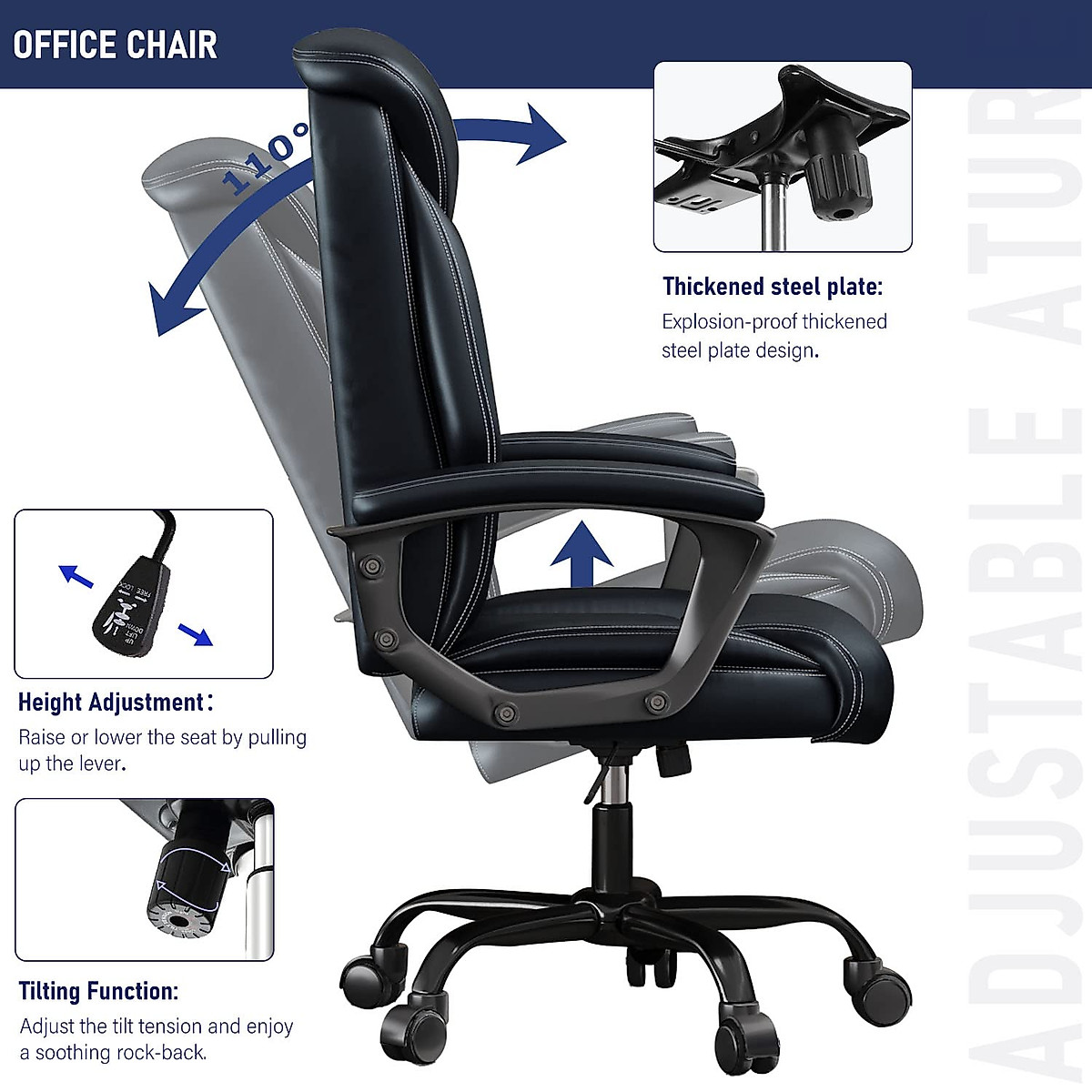 Ergonomic Office Chair High Back Home Office Desk Chair with Wheels Computer Chair with Lumbar Support PU Leather Executive Office Chair，Black