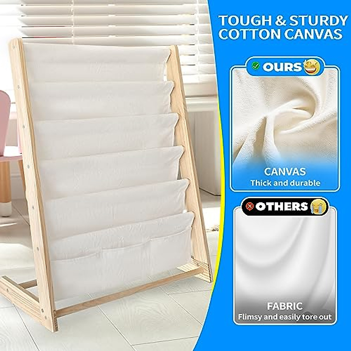 EXPERLAM Kids Book Shelf, 5-Tier Wood Kids Book Rack Storage Bookshelf, Kids Sling Bookshelf for Kids Room Toddler Baby Bedroom Living Room, Beige…