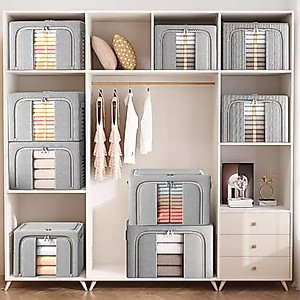 VAN CADENE 66L Clothes Storage Bins Metal Frame Clothes Storage Organizer Bedding Storage Bags with Zipper and Clear Windows, Oxford Closet Organizers and Storage Boxes (3 Pack)