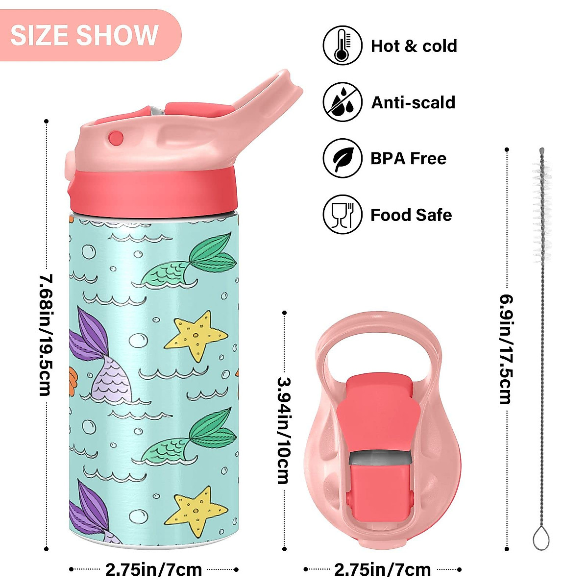 MCHIVER Mermaid Kids Water Bottle with Straw Insulated Stainless Steel Kids Water Bottle Thermos for School Girls Boys Leak Proof Cups 12 oz / 350 ml Pink Top