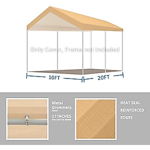 10'x20' Carport Replacement Top Canopy Cover for Car Garage Top Tarp Shelter, Waterproof Car Cover Tent for Party Garden Boat with Ball Bungees (Frame is not Included) (Beige, 10 X 20 FT)